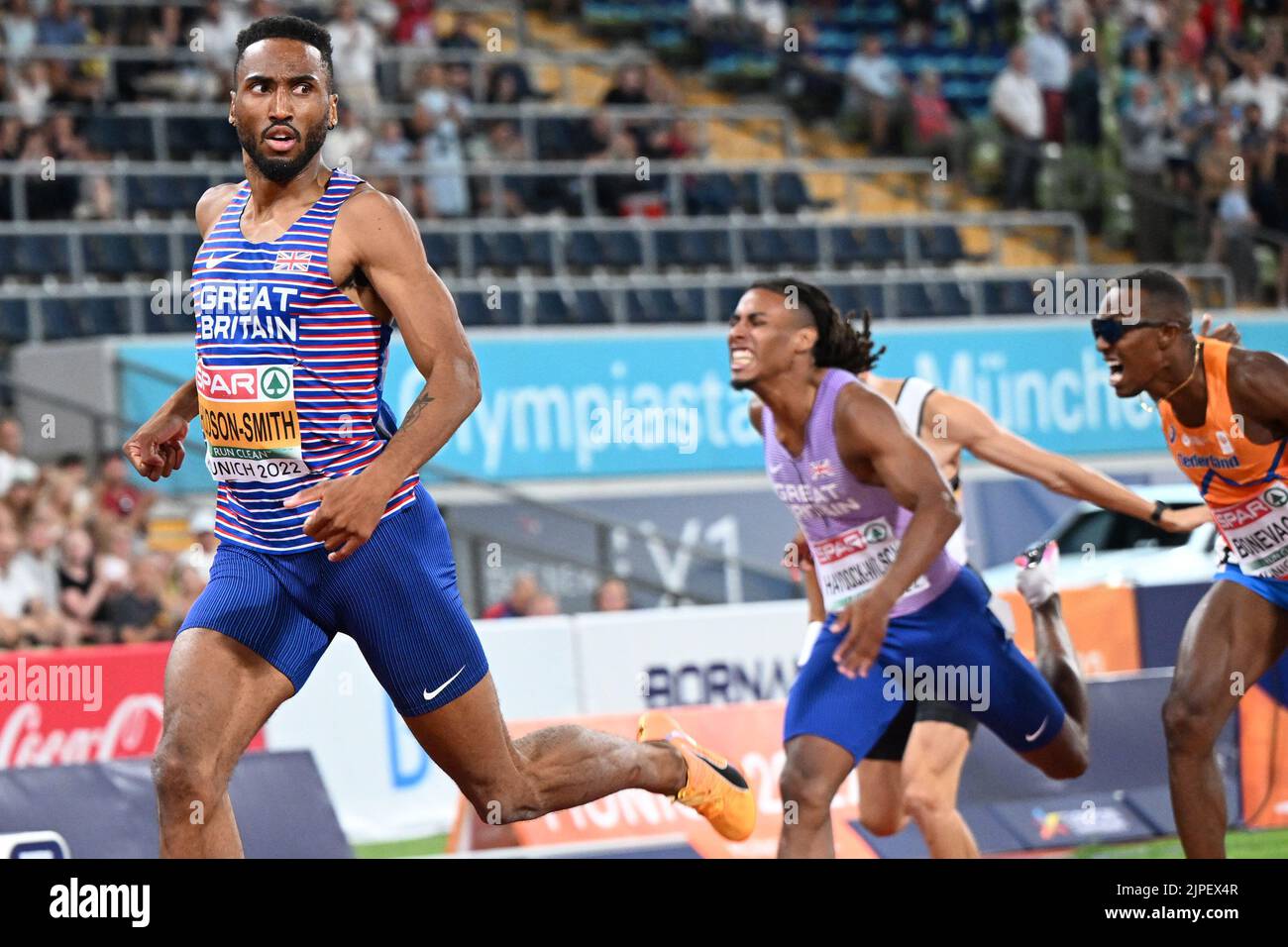 Great Britain's Matthew Hudson-Smith crosses the finish line and wins ...