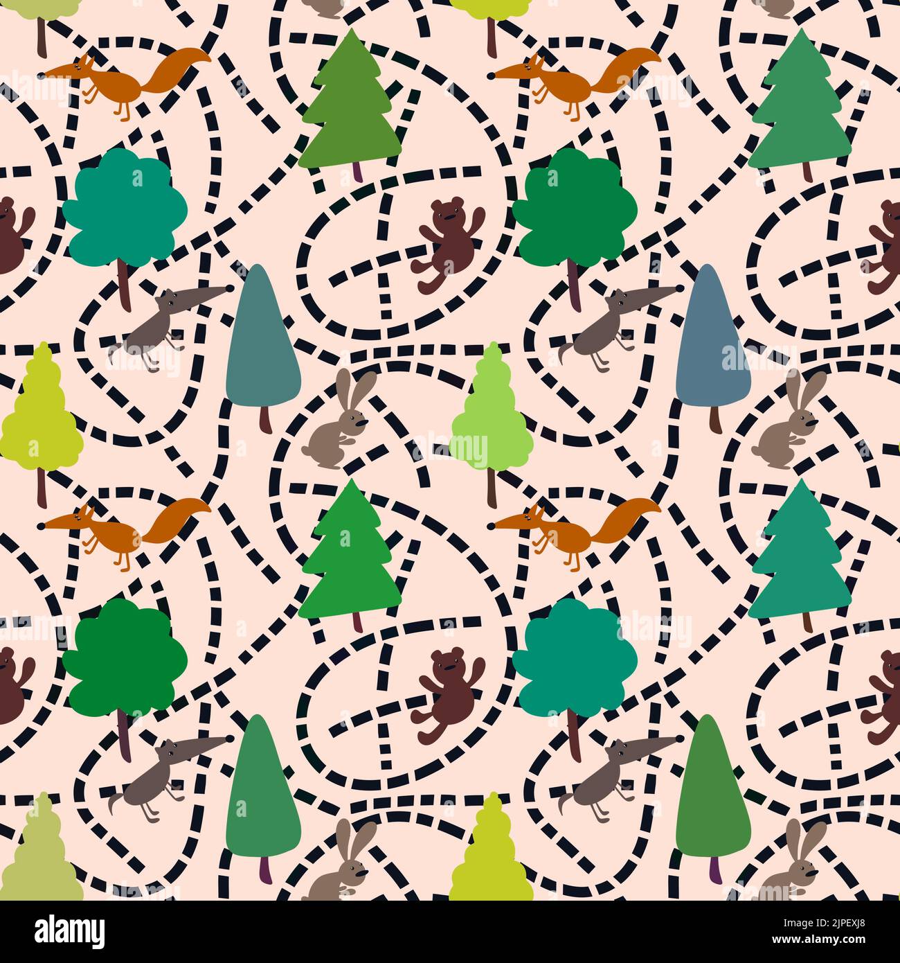 Animals and trees seamless autumn spring summer forest pattern for kids ...