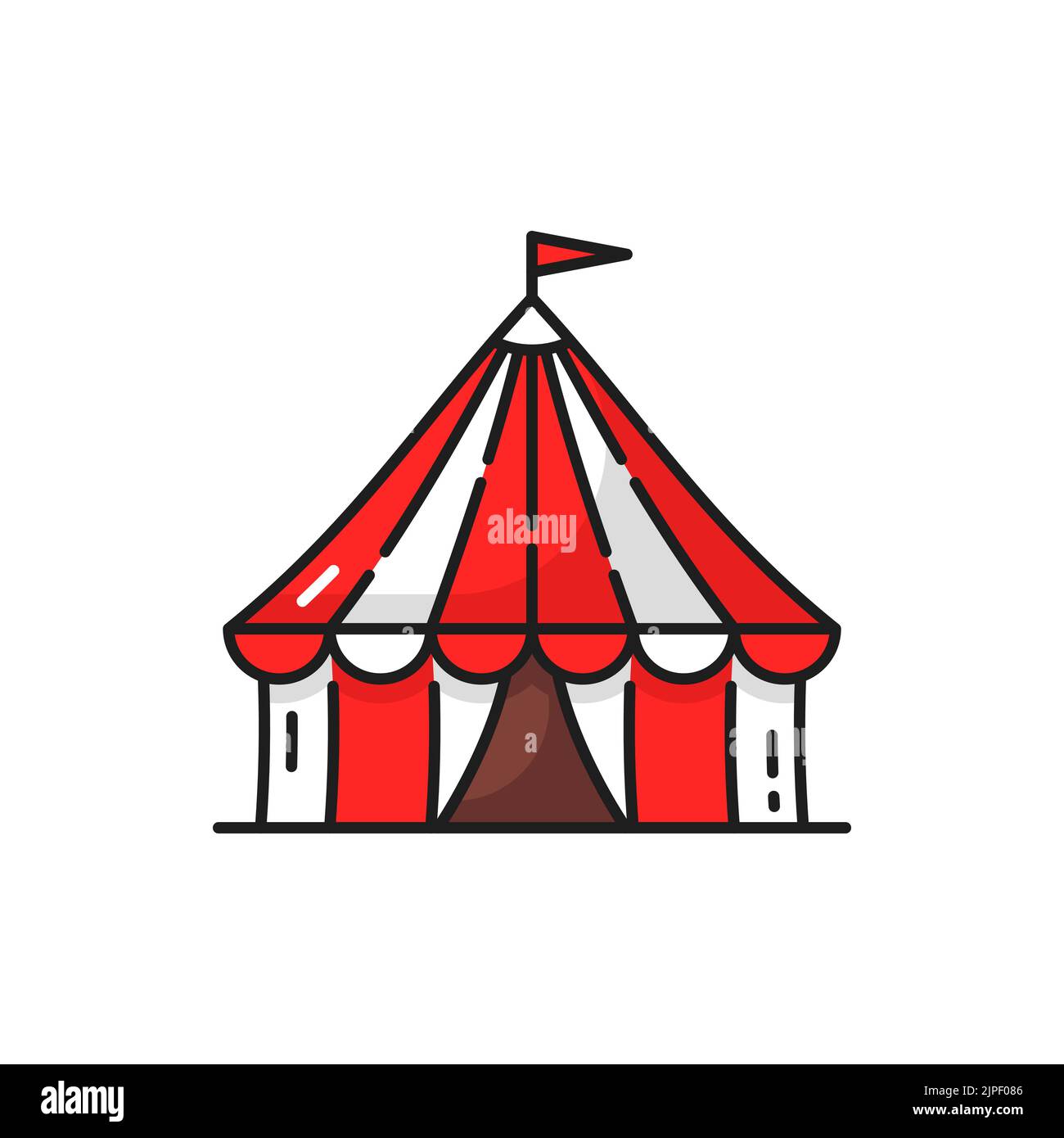 Big top circus, flag on top isolated red and white striped tent outline ...