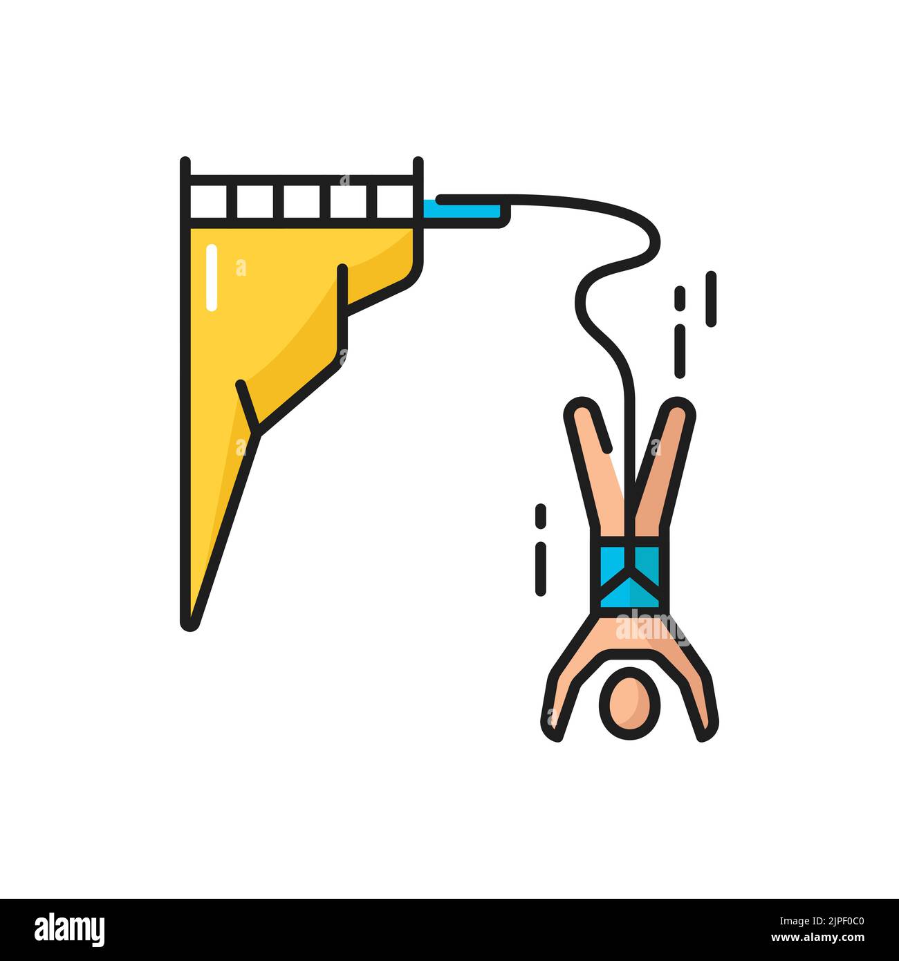 Bungee jumps, person jumps from bridge on rope isolated color line icon. Vector bungee jump ...