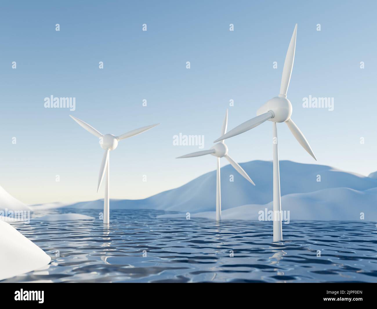 three wind turbines in water arctic landscape . 3d render of ...