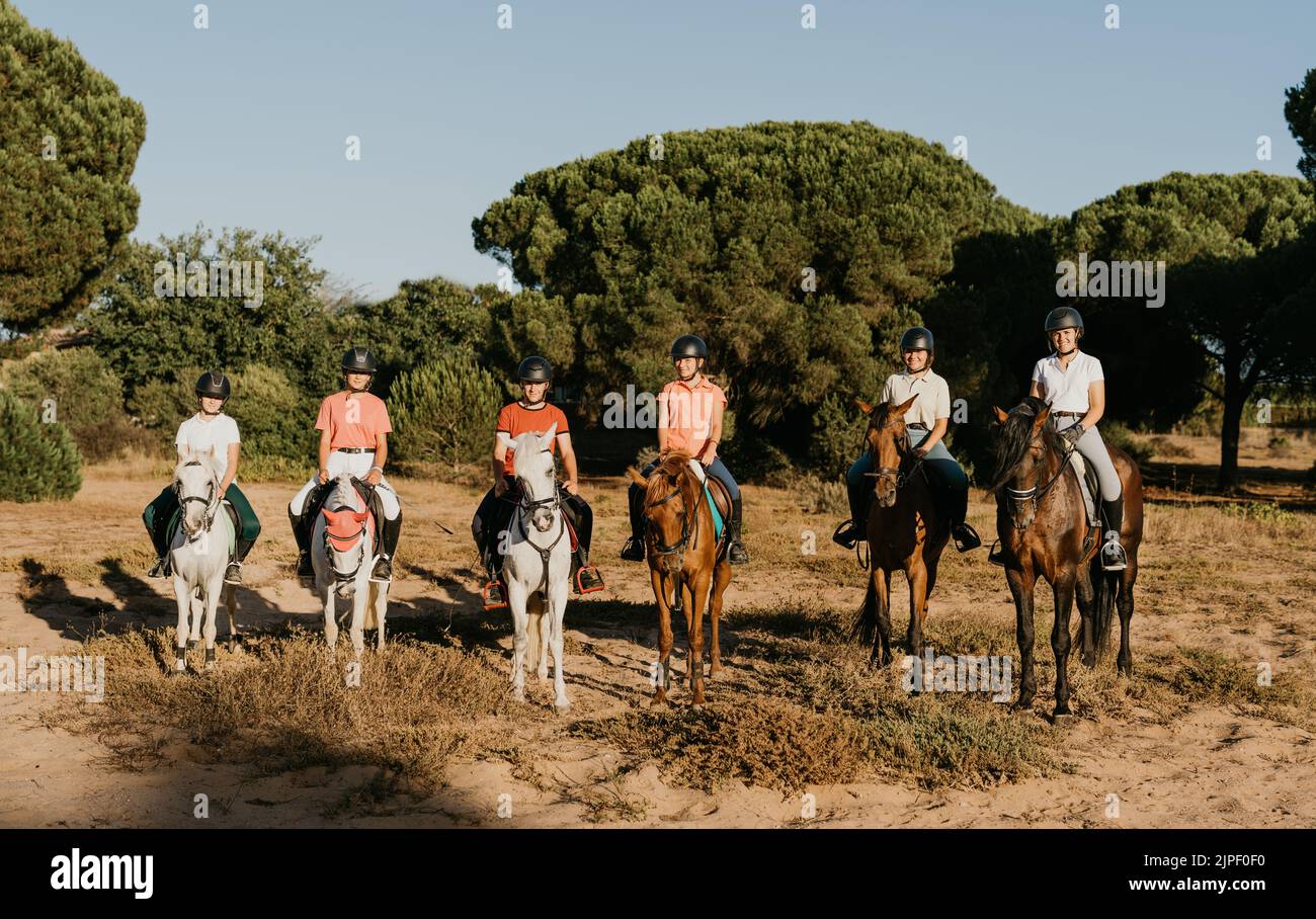 portrait of 6 pupils of an equestrian school riding horses in a pine ...