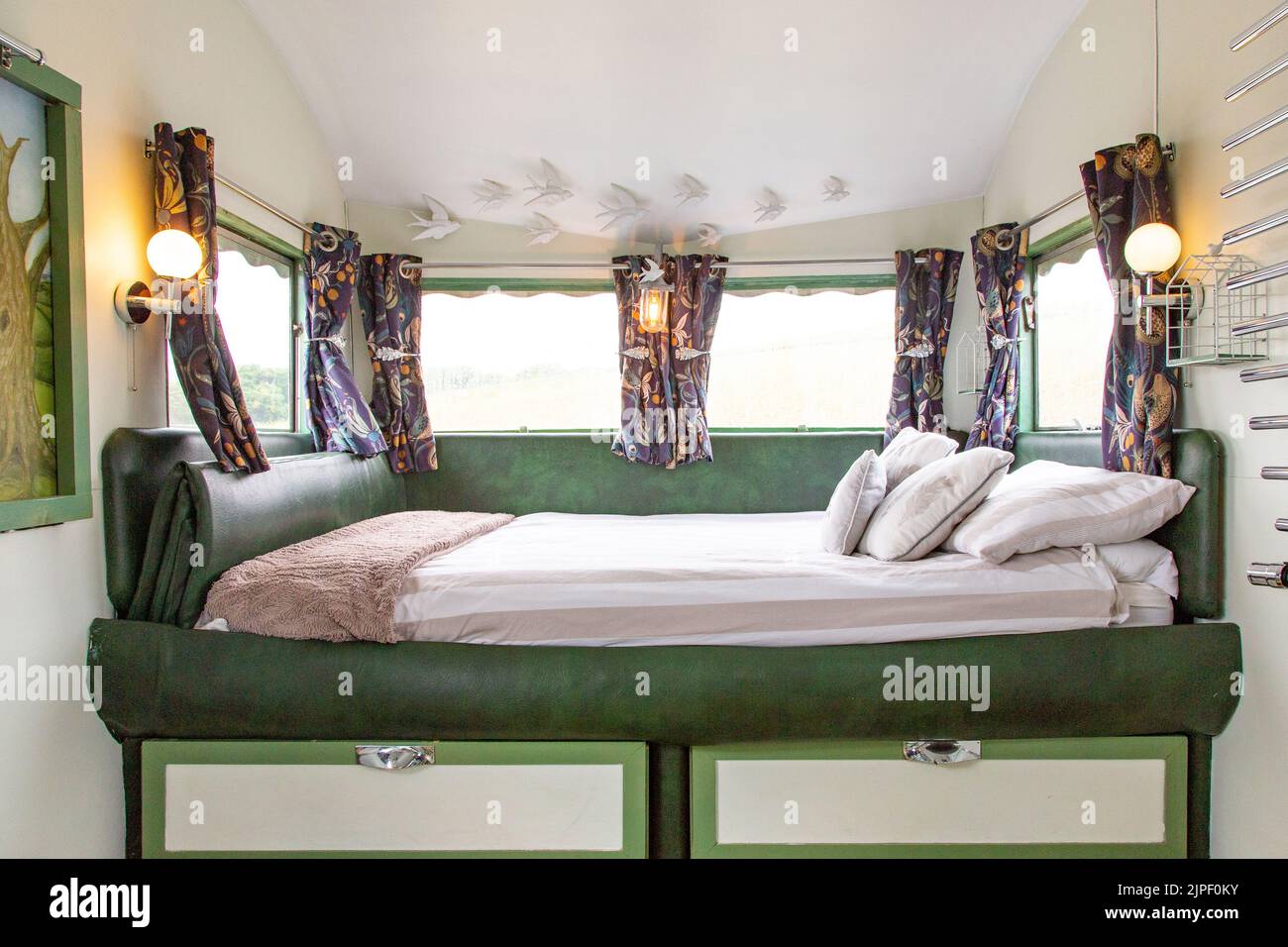 Interior bedroom at the Bluebird Penthouse caravan, High Bickington ...
