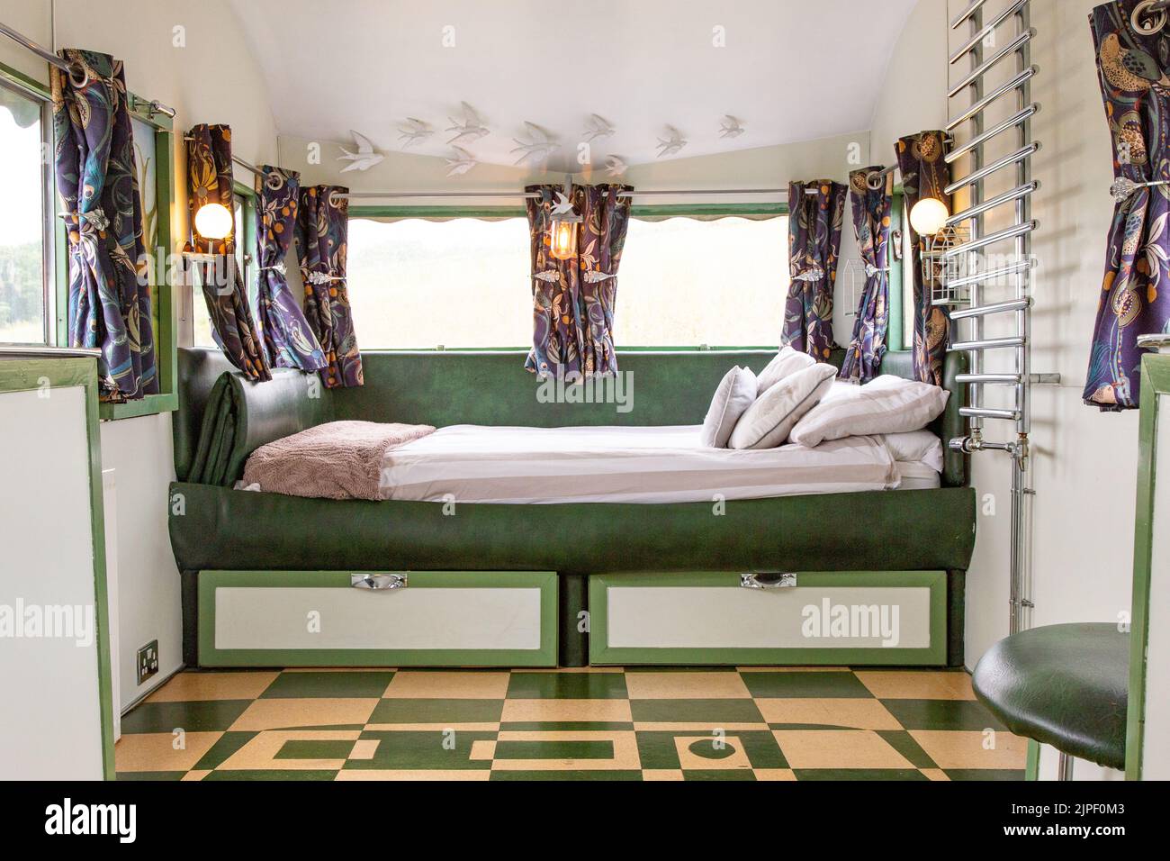 Interior bedroom at the Bluebird Penthouse caravan, High Bickington ...