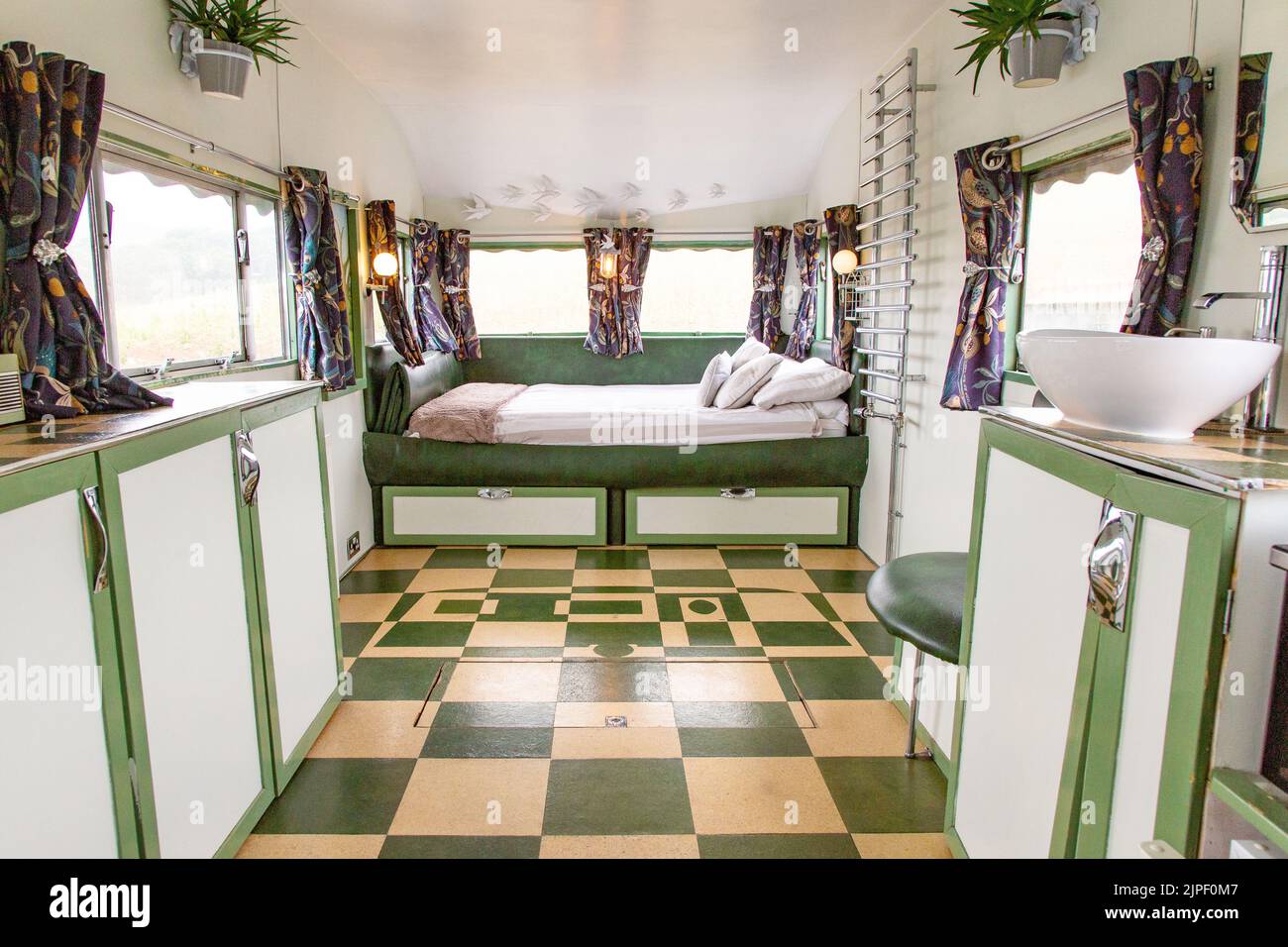 Interior bedroom at the Bluebird Penthouse caravan, High Bickington ...