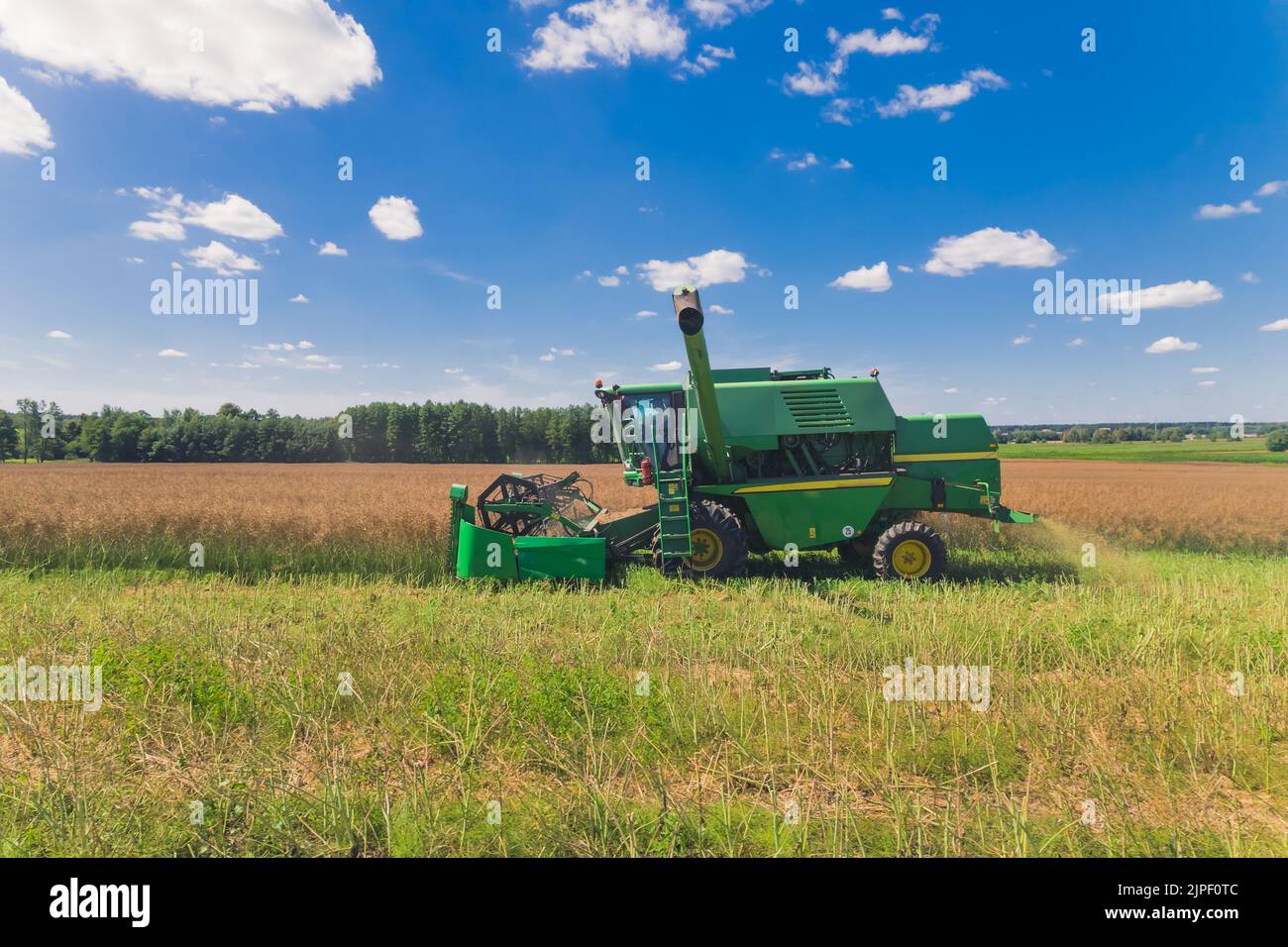 Aerial drone side view of a green agricultural combine harvester with a ...