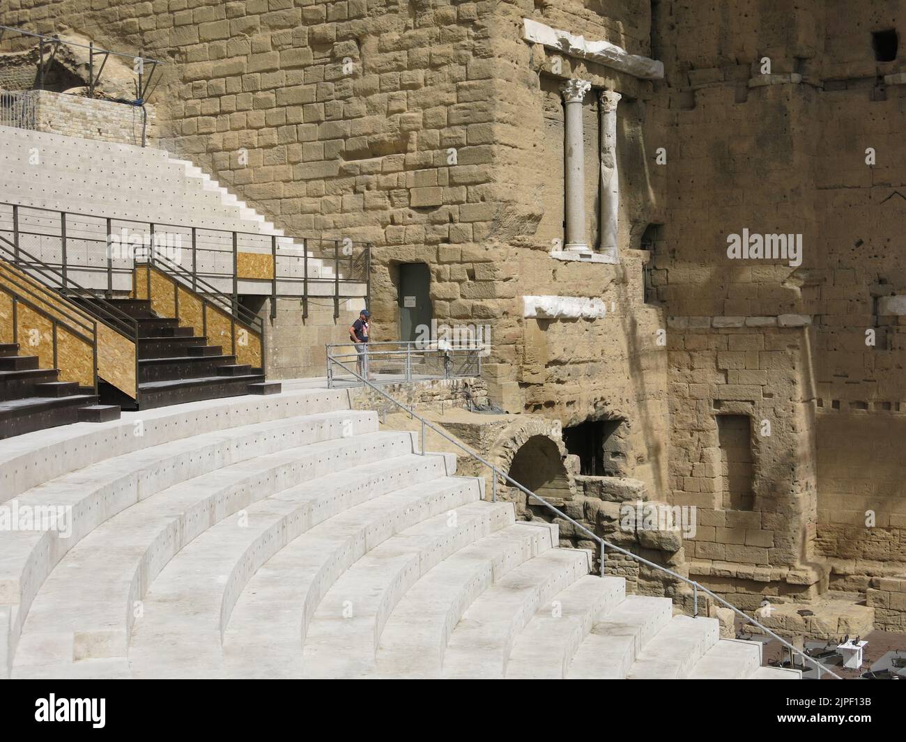 View of the steep stone seating at the outdoor auditorium of the ...