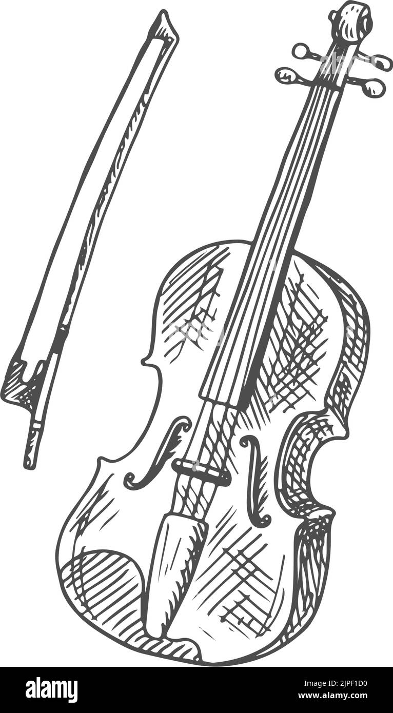 Violoncello isolated violin fiddle with bow sketch. Vector cello ...