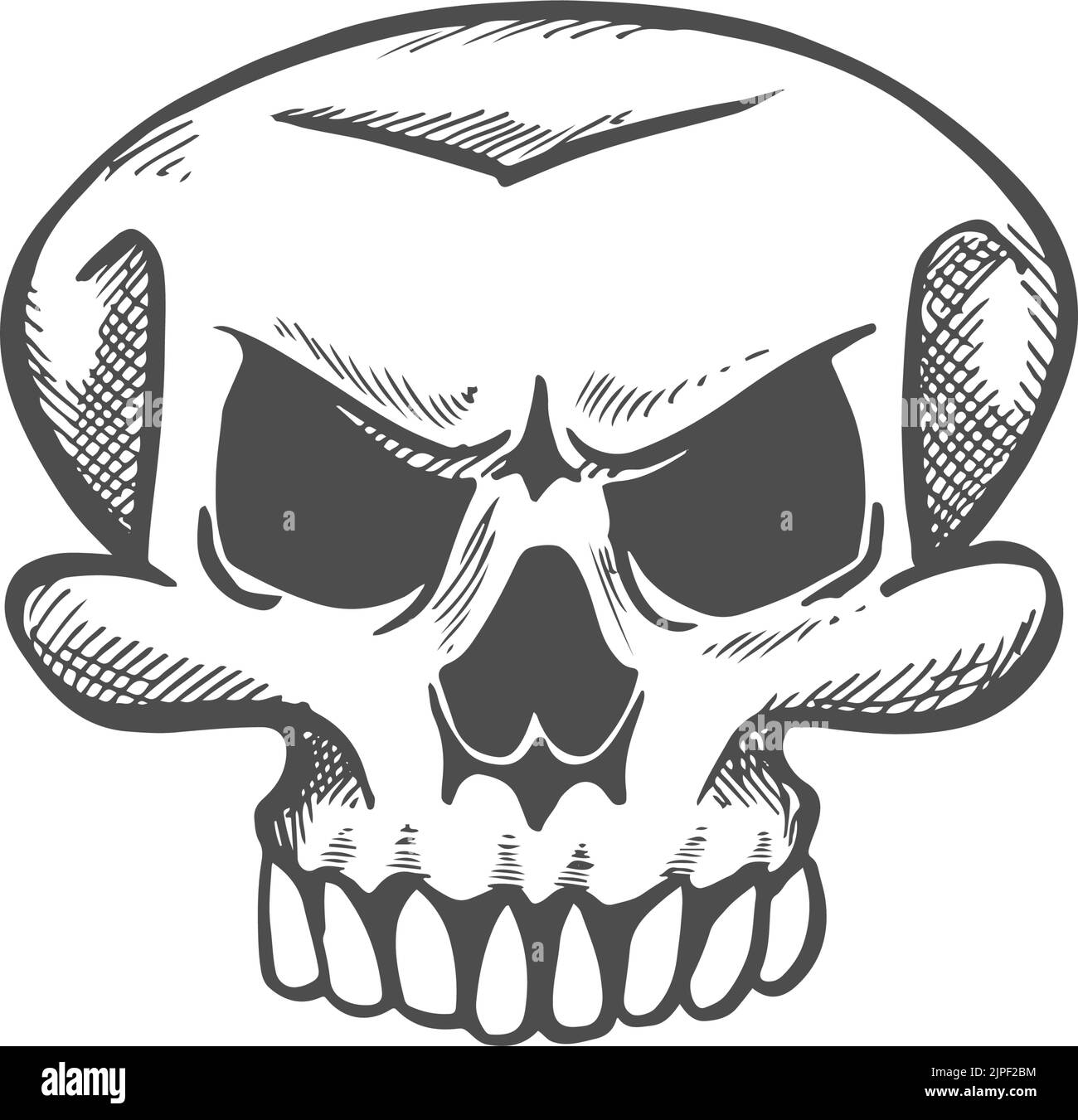 Skull with sharp demonic teeth isolated monochrome sketch. Vector dead ...