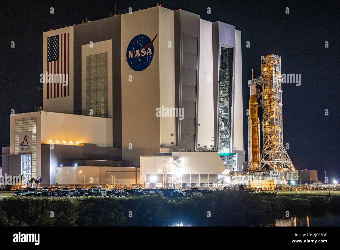 NASA’s Space Launch System sits at the Vehicle Assembly Building at the ...