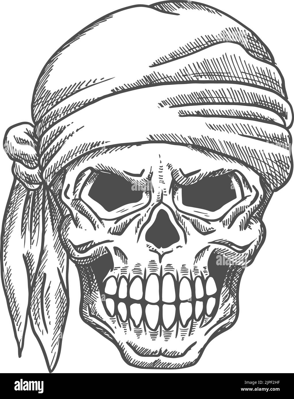 Pirate skull in bandana isolated human skeleton head sketch. Vector ...