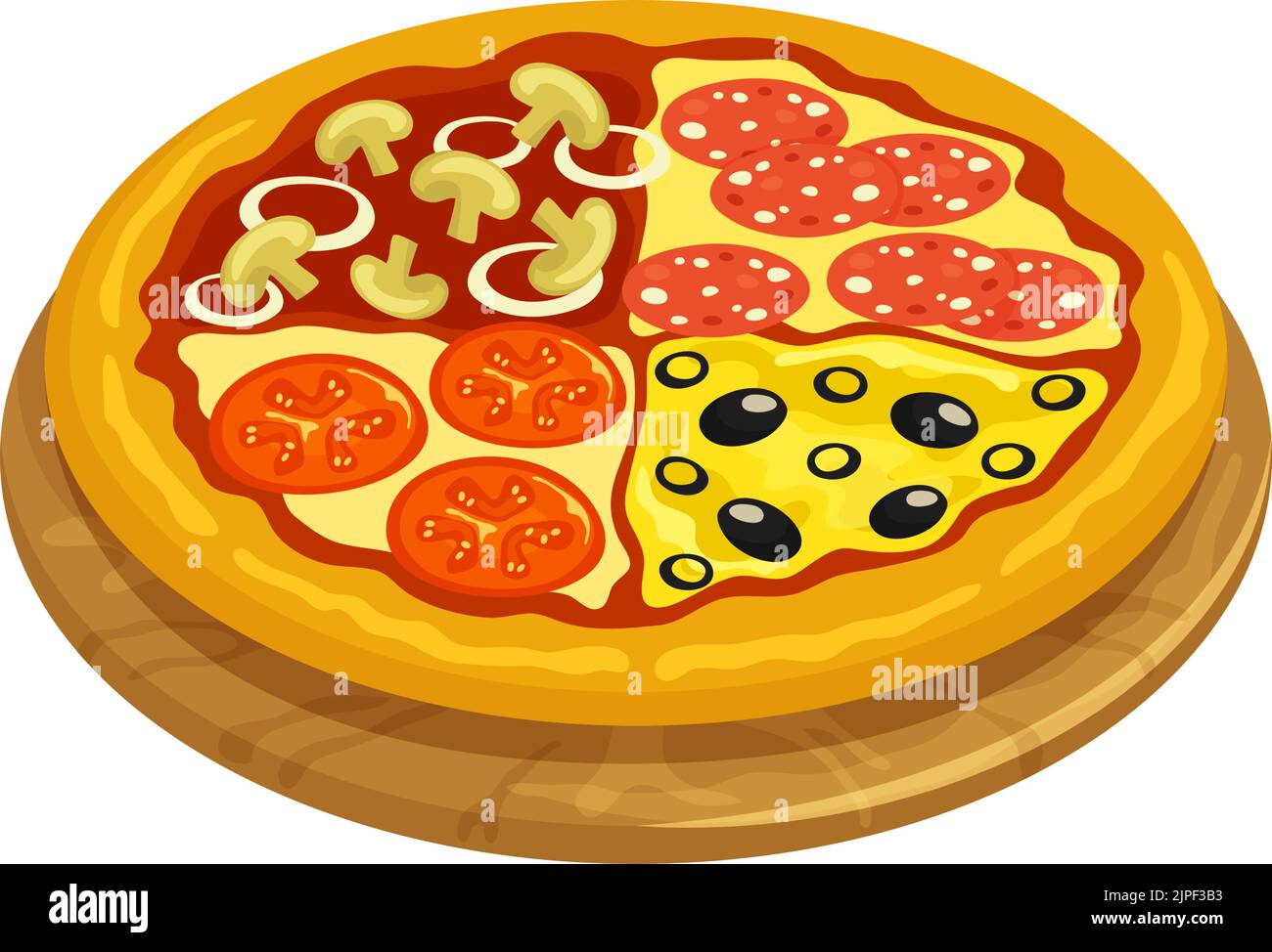 Quattro Stagioni isolated round Italian pizza on wooden board. Vector ...