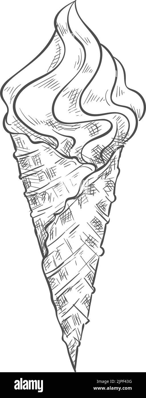 Ice cream, waffle cone with swirl isolated sketch. Vector sundae ...