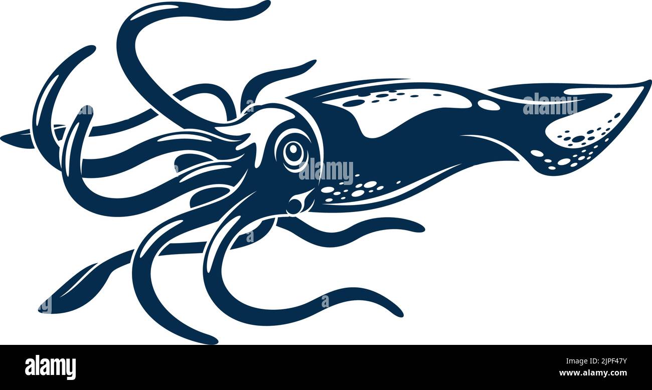 Giant squid isolated marine animal, mollusk monochrome icon. Vector ...