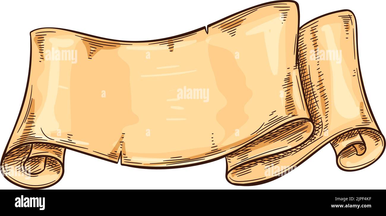 Old manuscript scroll vector sketch icon. Vintage literature papyrus ...