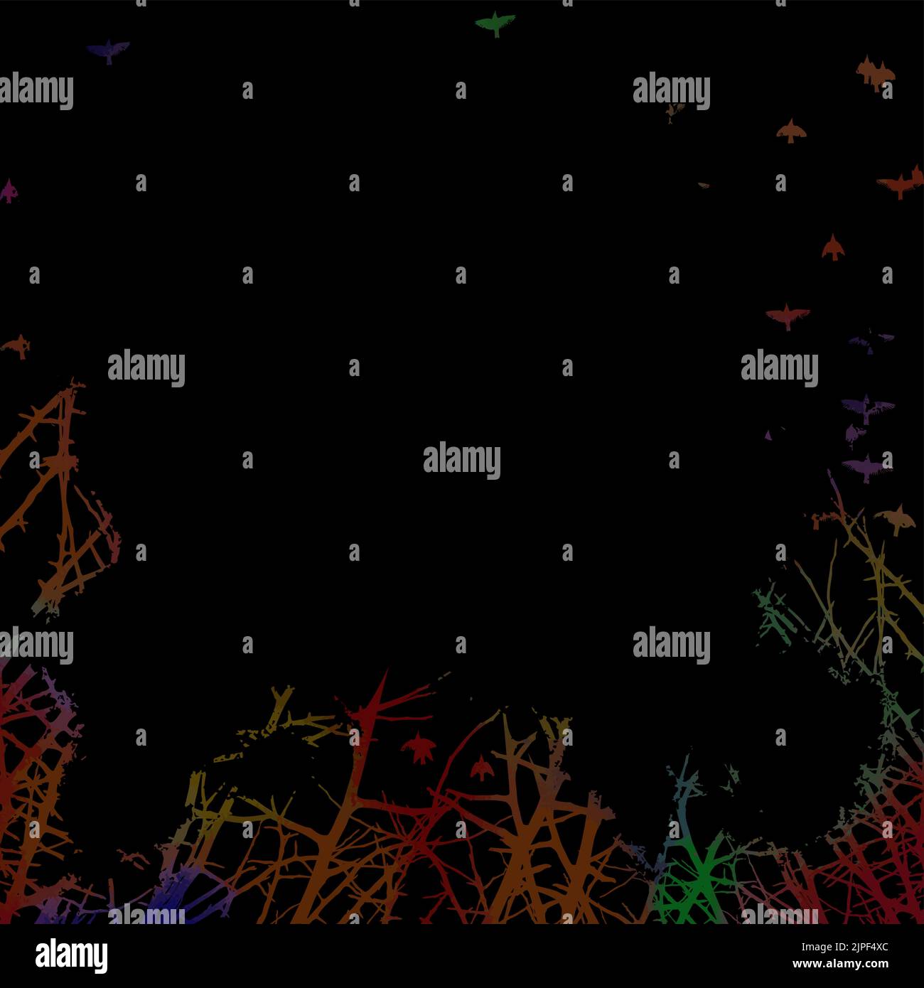 Tree branches and a colorful flock of flying birds on a black ...