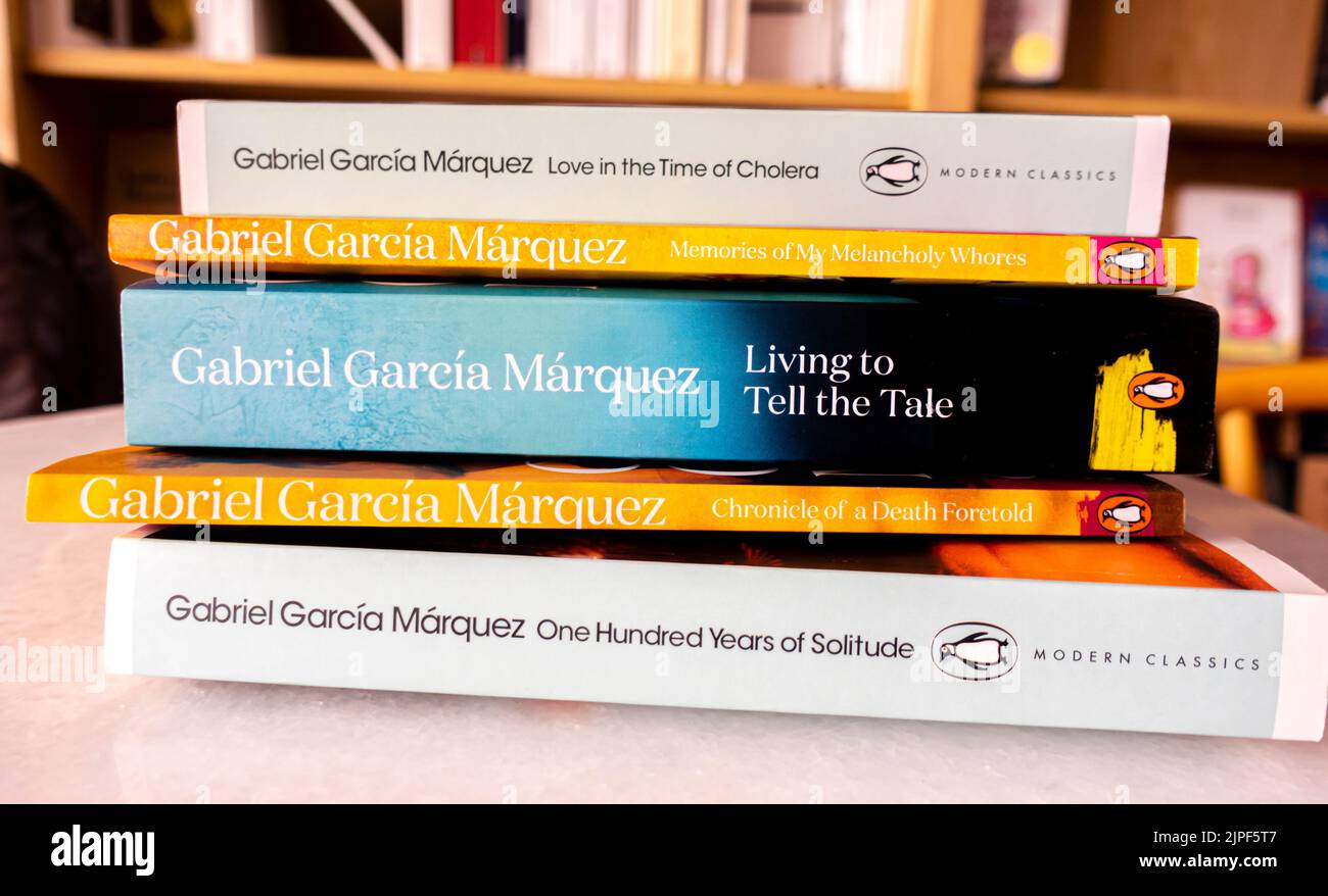 Gabriel Garcia Marquez - collection of books, novels in stack Stock ...