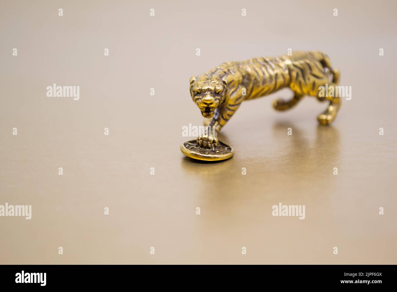 A bronze figure of a tiger with a coin - the symbol of financial well ...