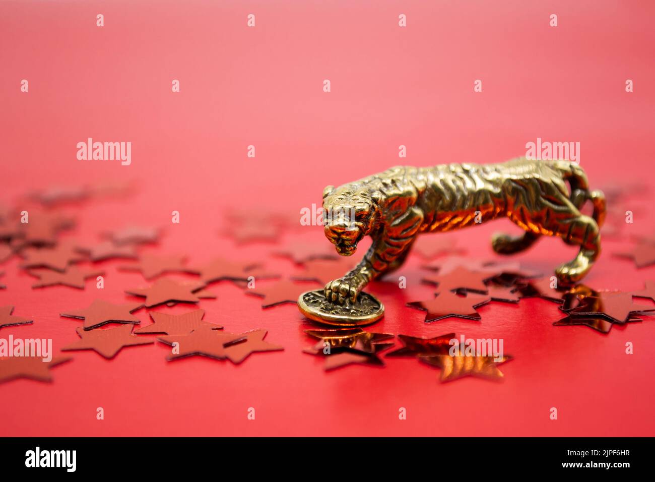 A bronze figure of a tiger with a coin - the symbol of financial well ...