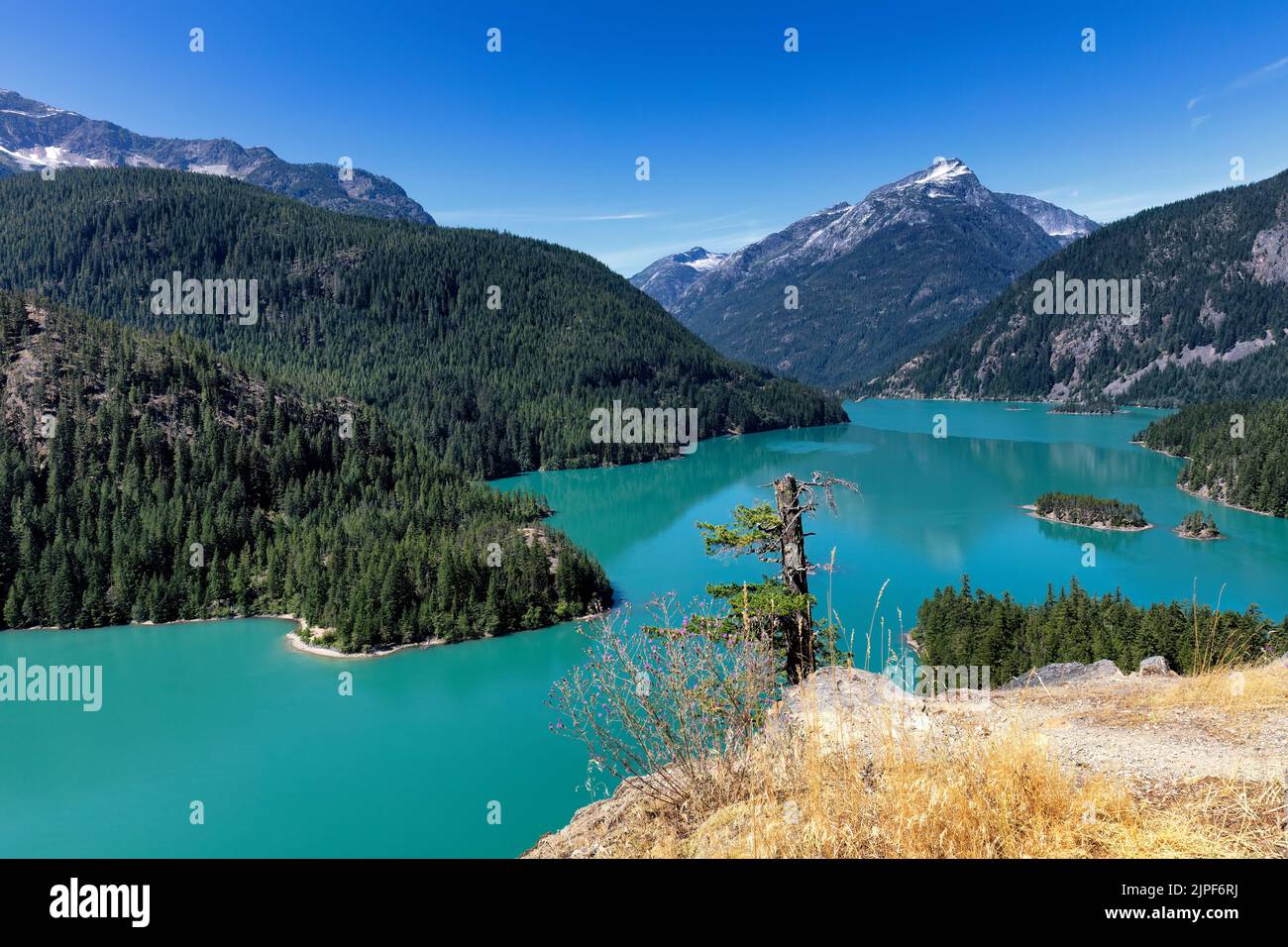 North Cascades national park, lake Diablo, in Washington state with ...