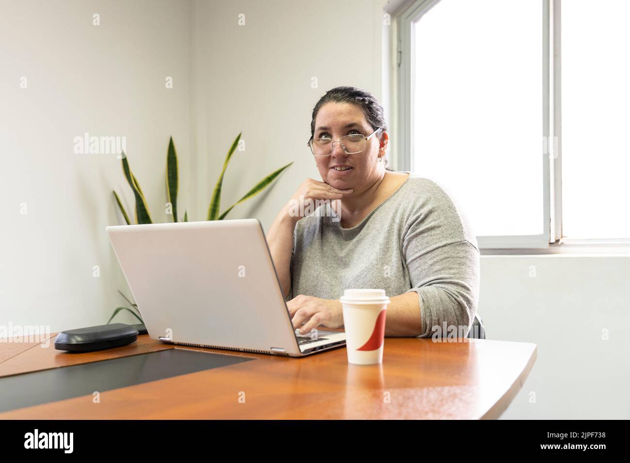 Mature business woman sitting at head of table in office meeting room ...