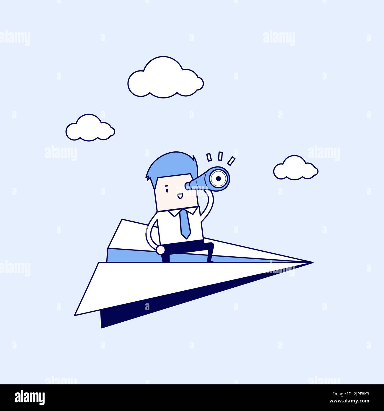 Businessman Is Flying While Using Telescope Cartoon Character Thin Line Style Vector Stock