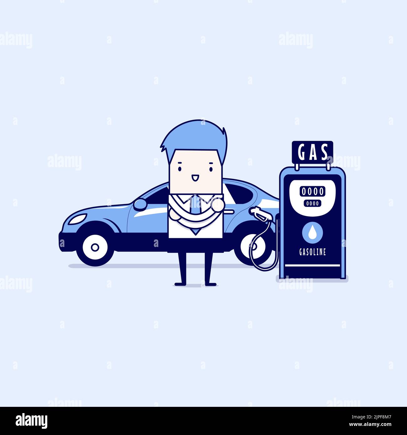 Gas station and businessman. Cartoon character thin line style vector ...