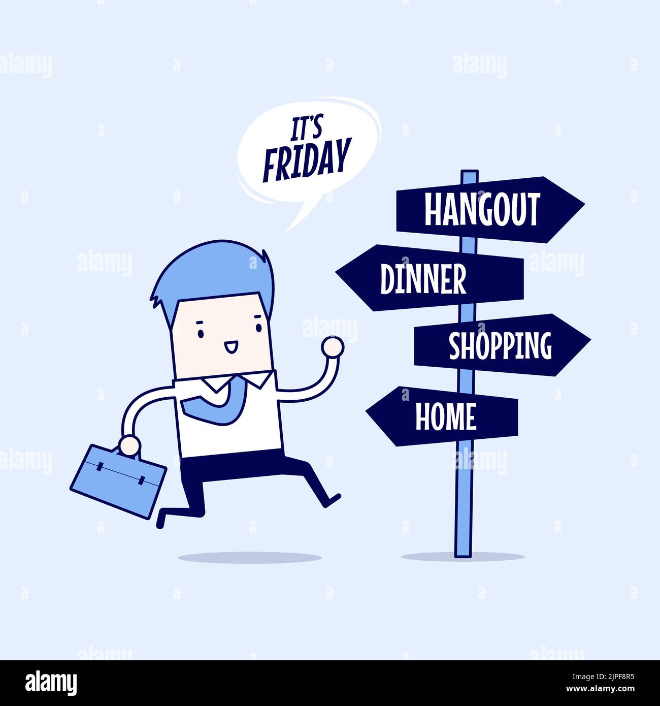 Businessman running with directional sign picking on Friday night ...