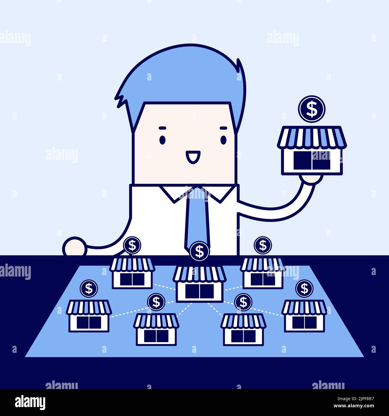 Businessman want to expand his business. Cartoon character thin line ...