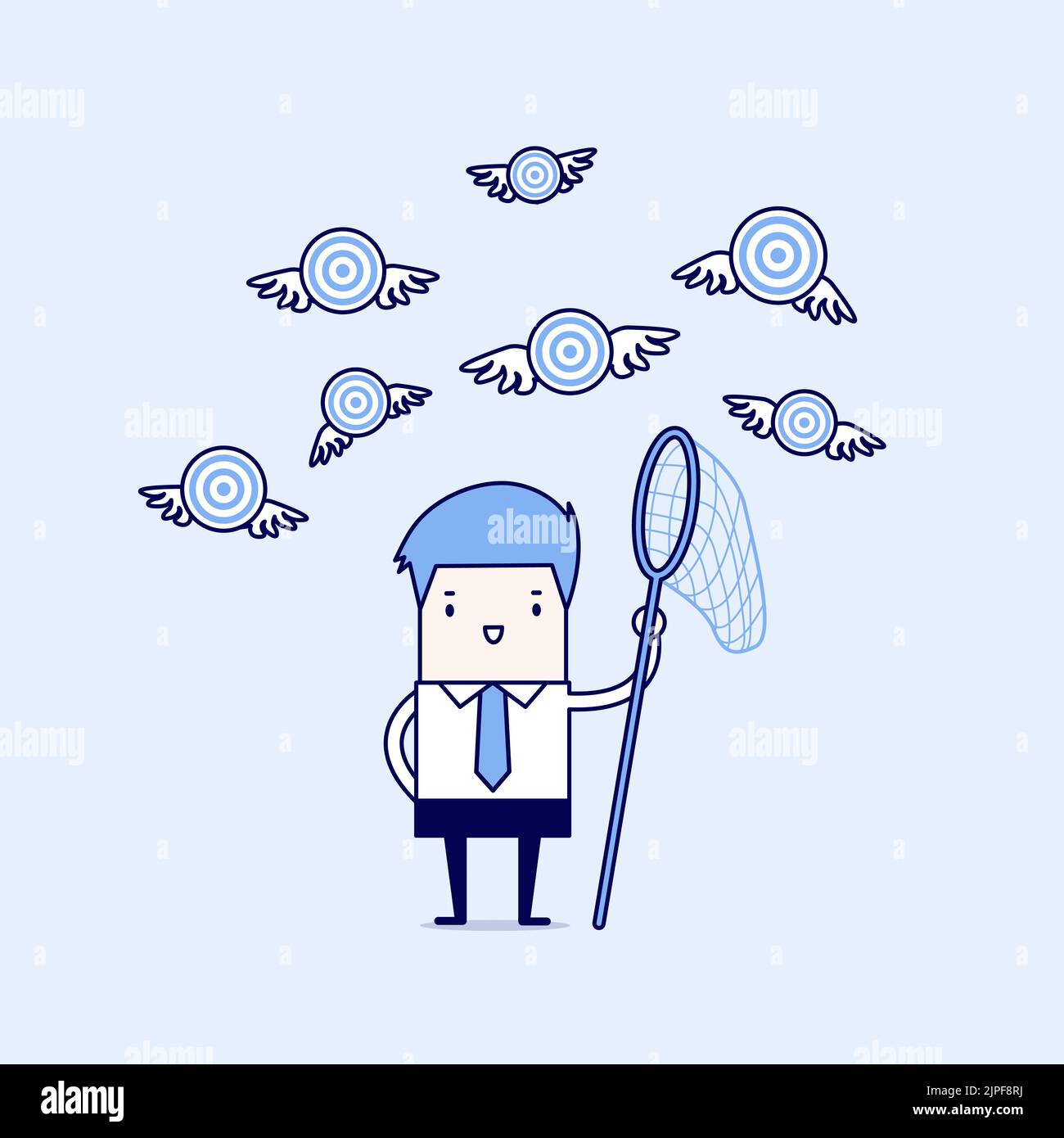 Businessman try to catch flying target. Cartoon character thin line ...