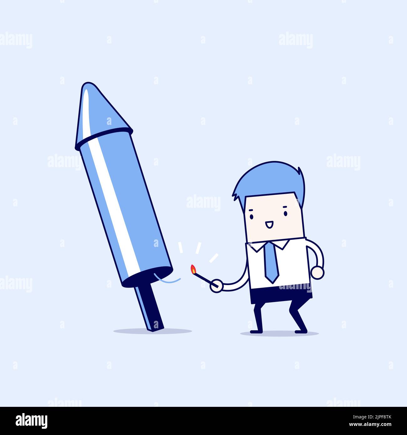 Businessman launching firework rocket. Cartoon character thin line ...