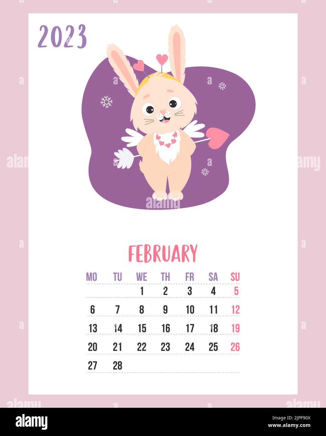 february 2023 calendar. Cute bunny cupid with an arrow heart and ...