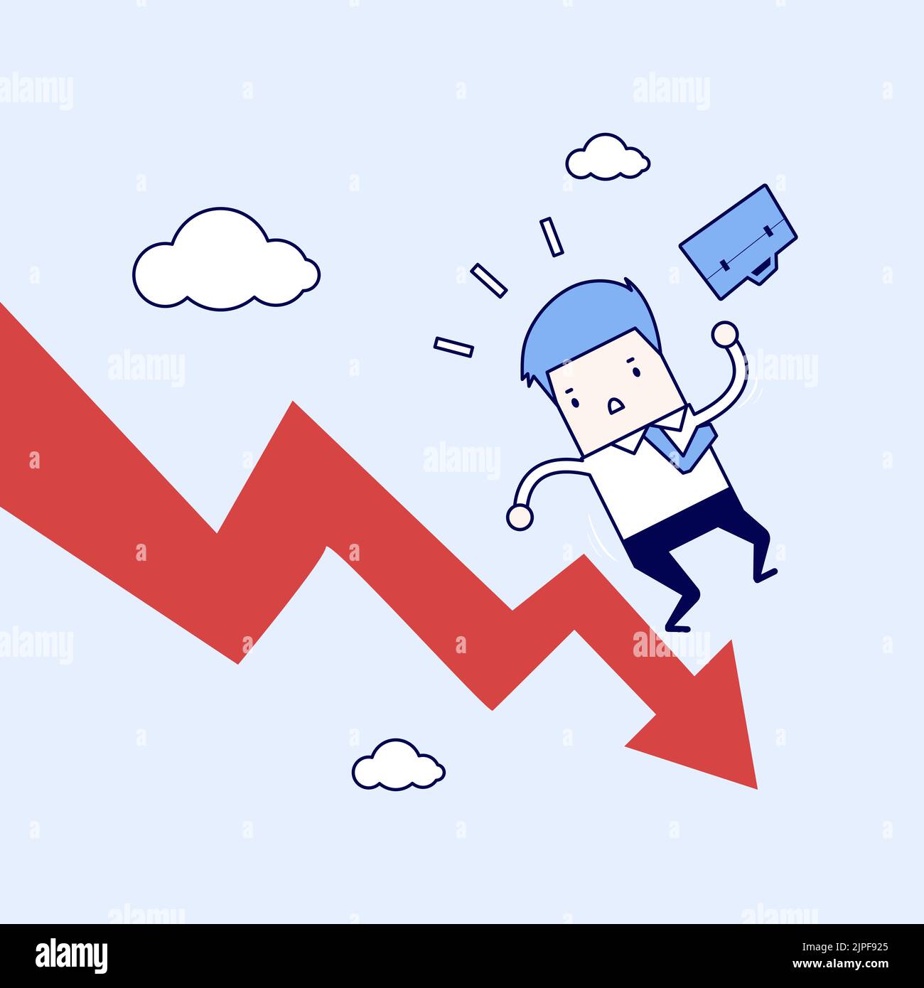 Businessman on falling down chart. Cartoon character thin line style ...