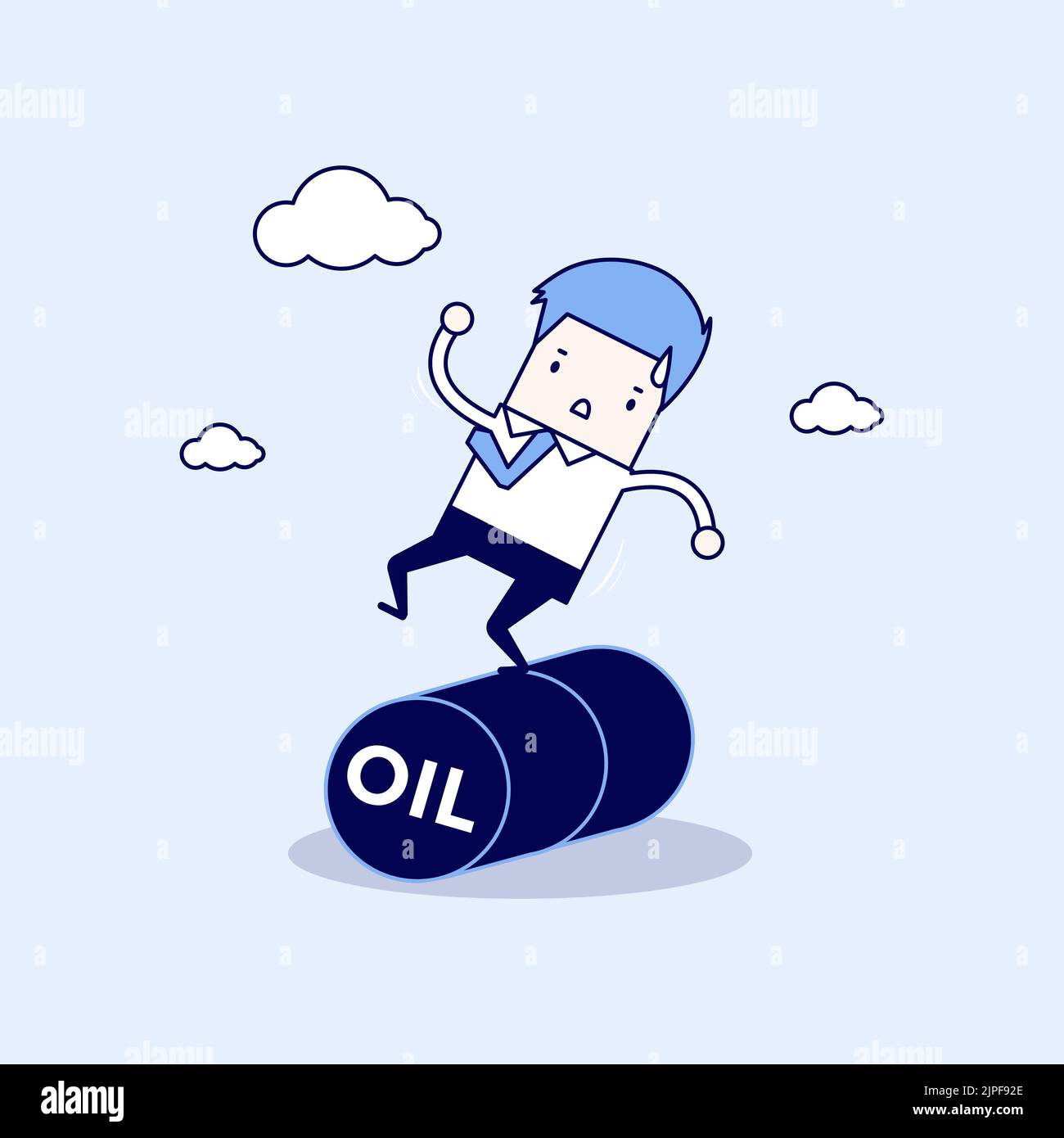 Businessman Balancing on Oil Barrel Rolling. Cartoon character thin ...