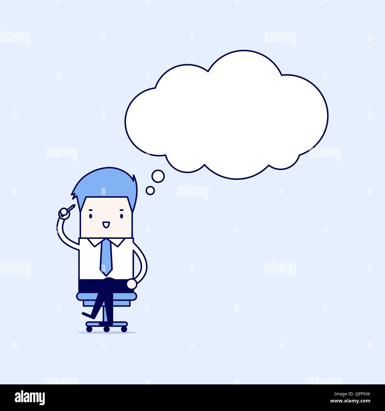 Businessman is thinking while sitting on the chair. Cartoon character thin line style vector ...
