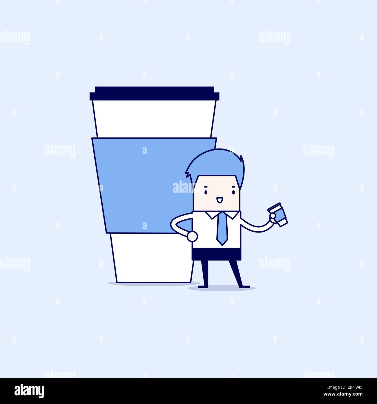 Businessman has coffee break. Cartoon character thin line style vector ...