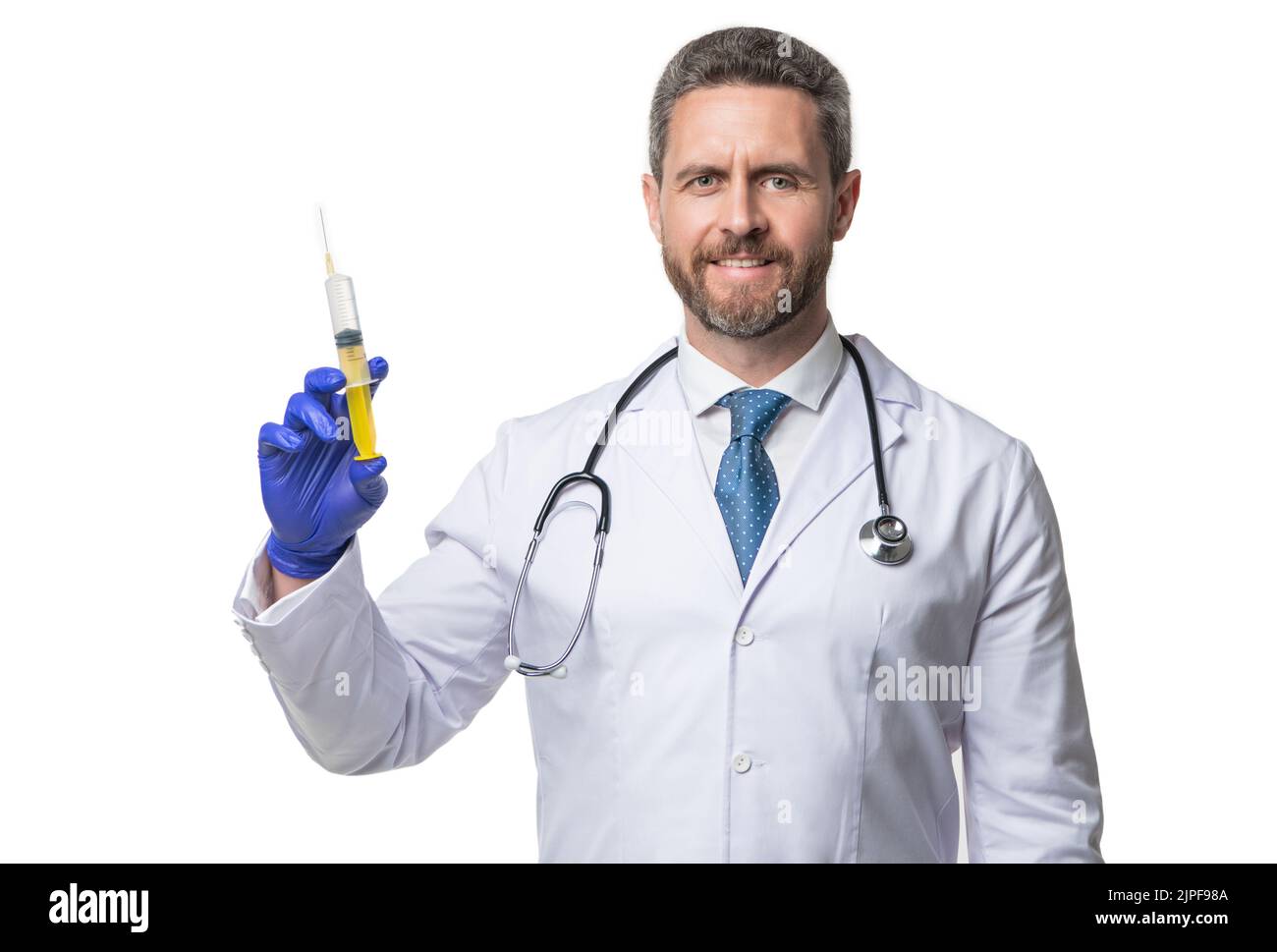 Happy doctor holding medical syringe. Surgeon prepared injection ...