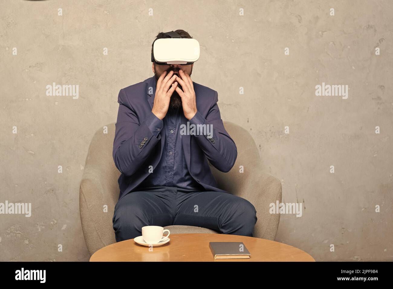Virtual reality for endless possibilities. Shocked man boss wear VR ...