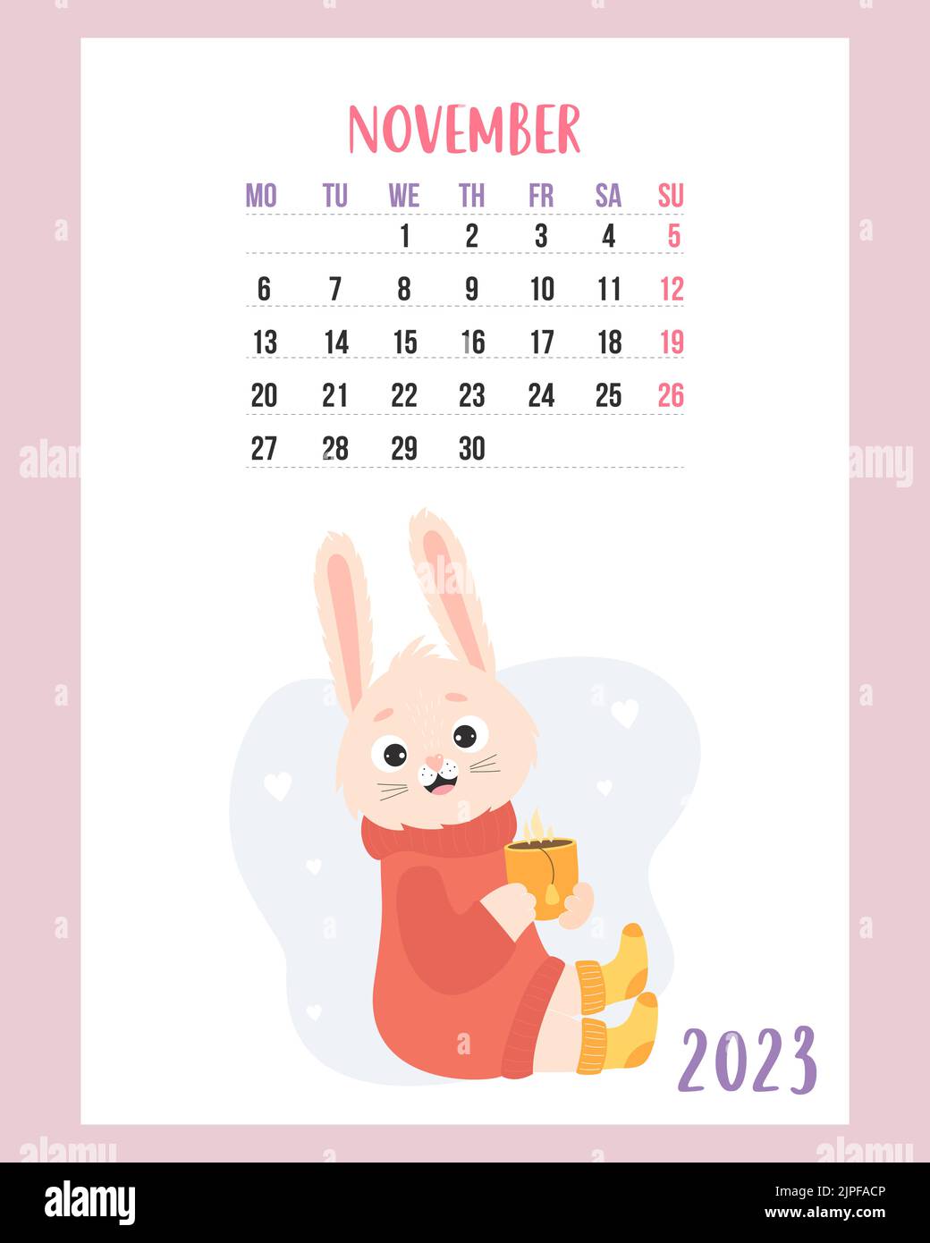 November 2023 calendar. Cute cozy rabbit in sweater and knitted socks ...