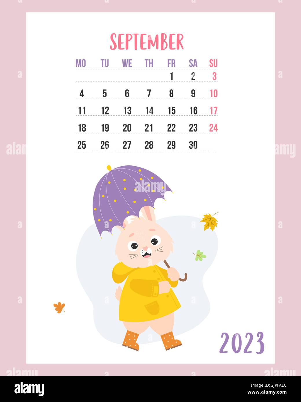September 2023 calendar. Cute bunny under an umbrella, in raincoat and ...