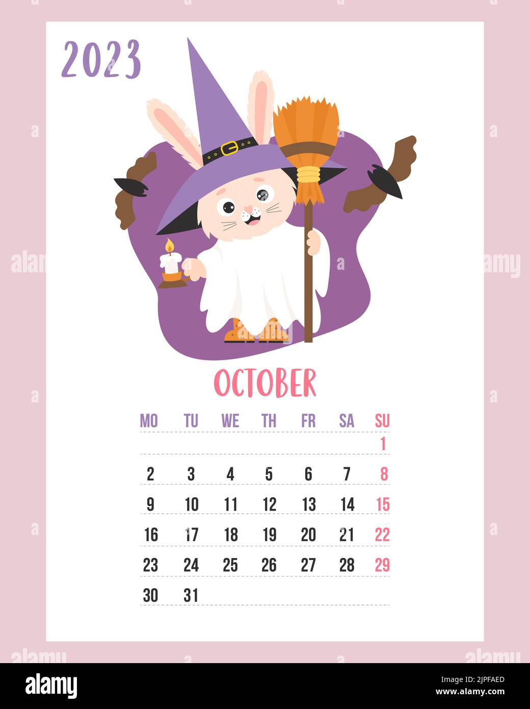 October 2023 calendar. Cute bunny Halloween ghost in witch hat, with ...