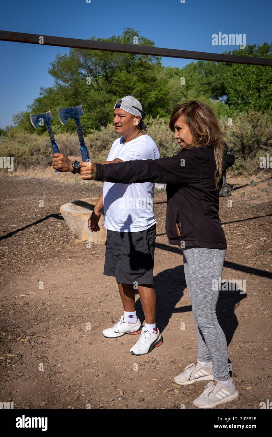 Hatchet-Throwing at Ojo Santa Fe Spa Resort Stock Photo - Alamy