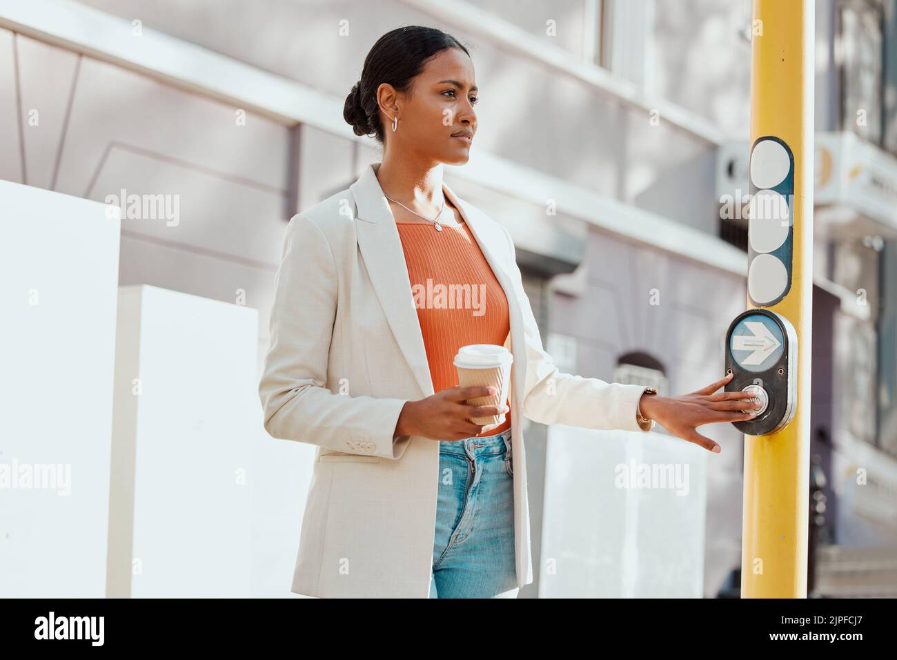 Crossing street, crosswalk or road at a pedestrian traffic light signal ...