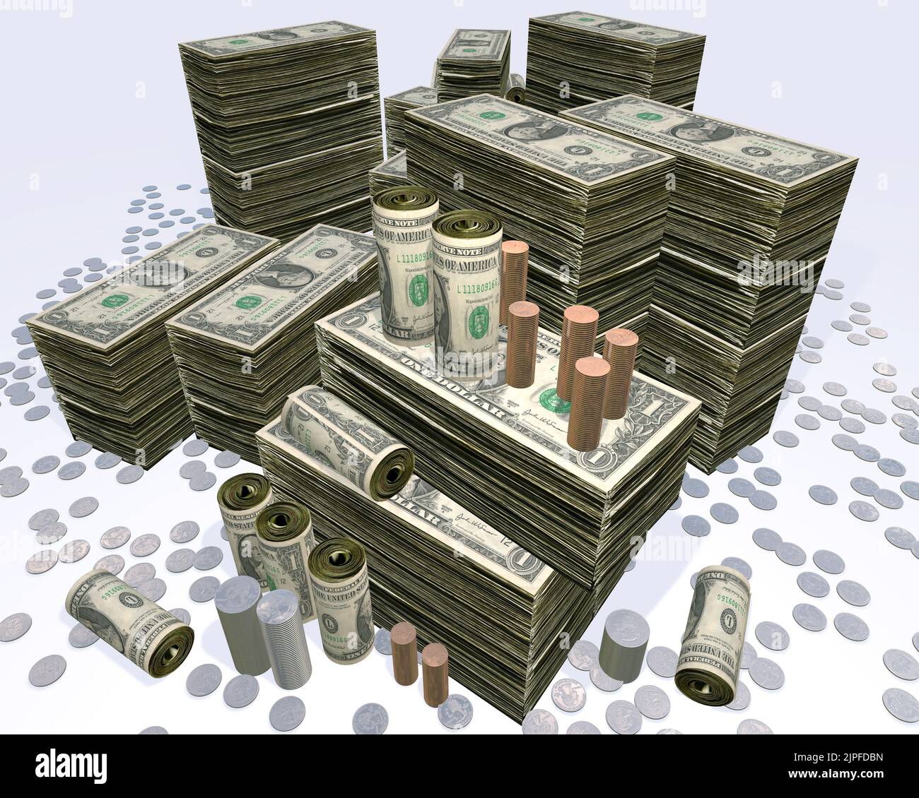 A 3D illustration of a stack of US dollars and coins Stock Photo - Alamy