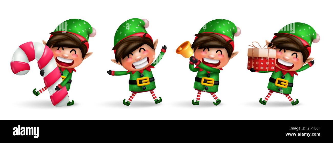 Elf christmas characters vector set. Elves 3d kids character with candy ...