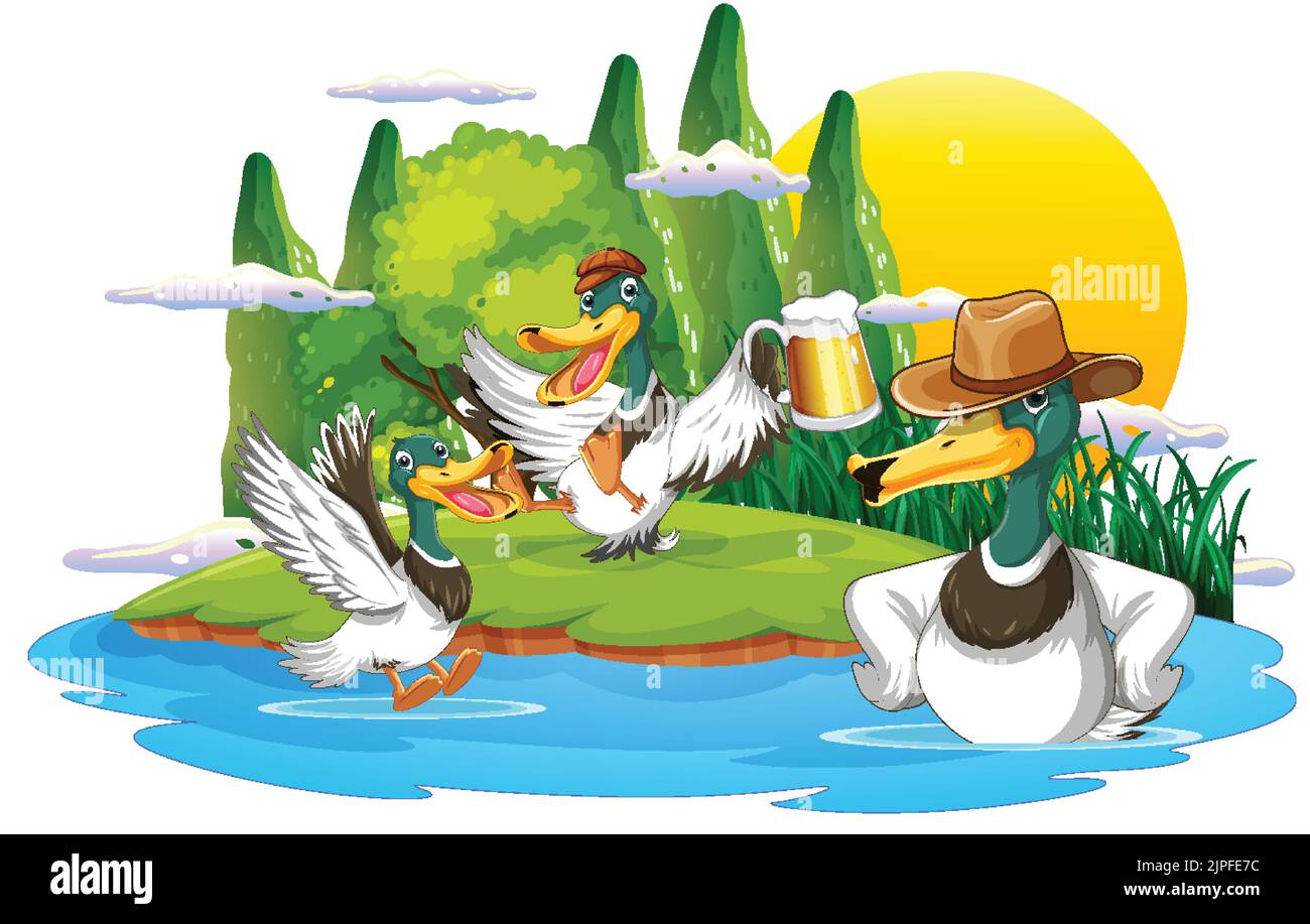 Happy duck group in nature scene illustration Stock Vector Image & Art ...