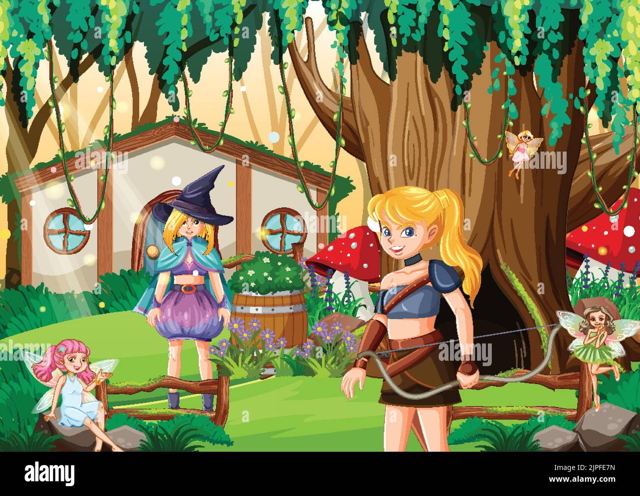 Enchanted scene with medieval cartoon characters illustration Stock ...