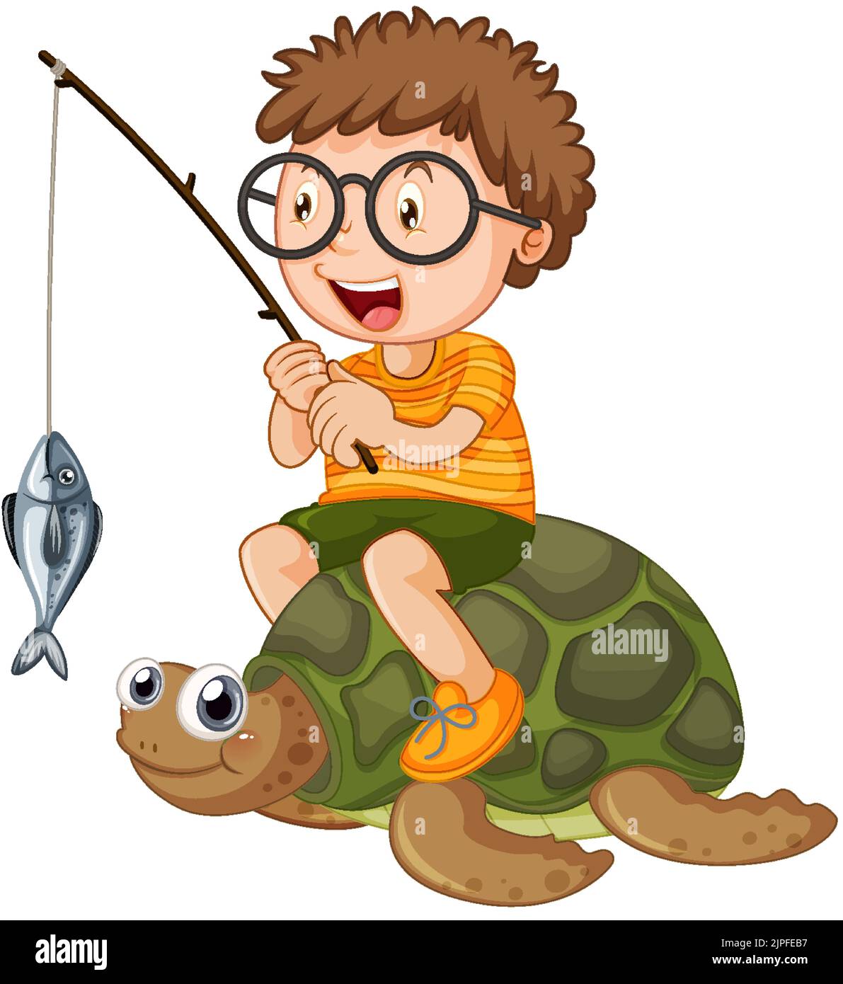 Kid sitting on turtle fishing illustration Stock Vector Image & Art - Alamy