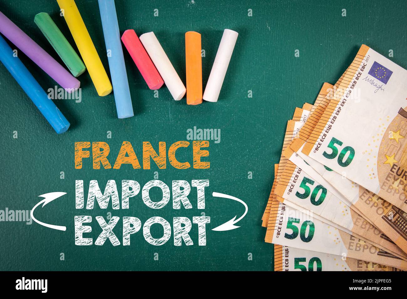 French imports and exports. Euro money on a green chalkboard Stock ...