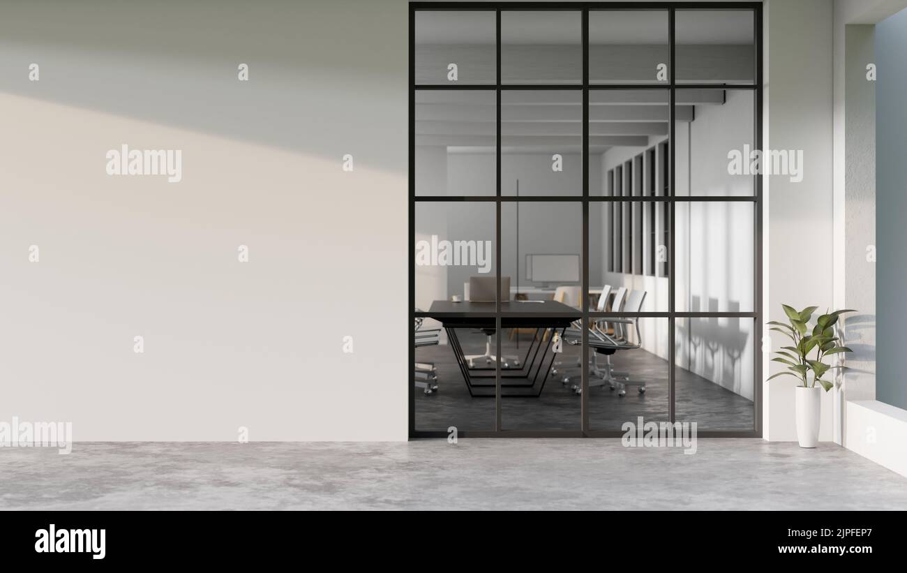 Modern minimal white office corridor or hallway interior design with a ...